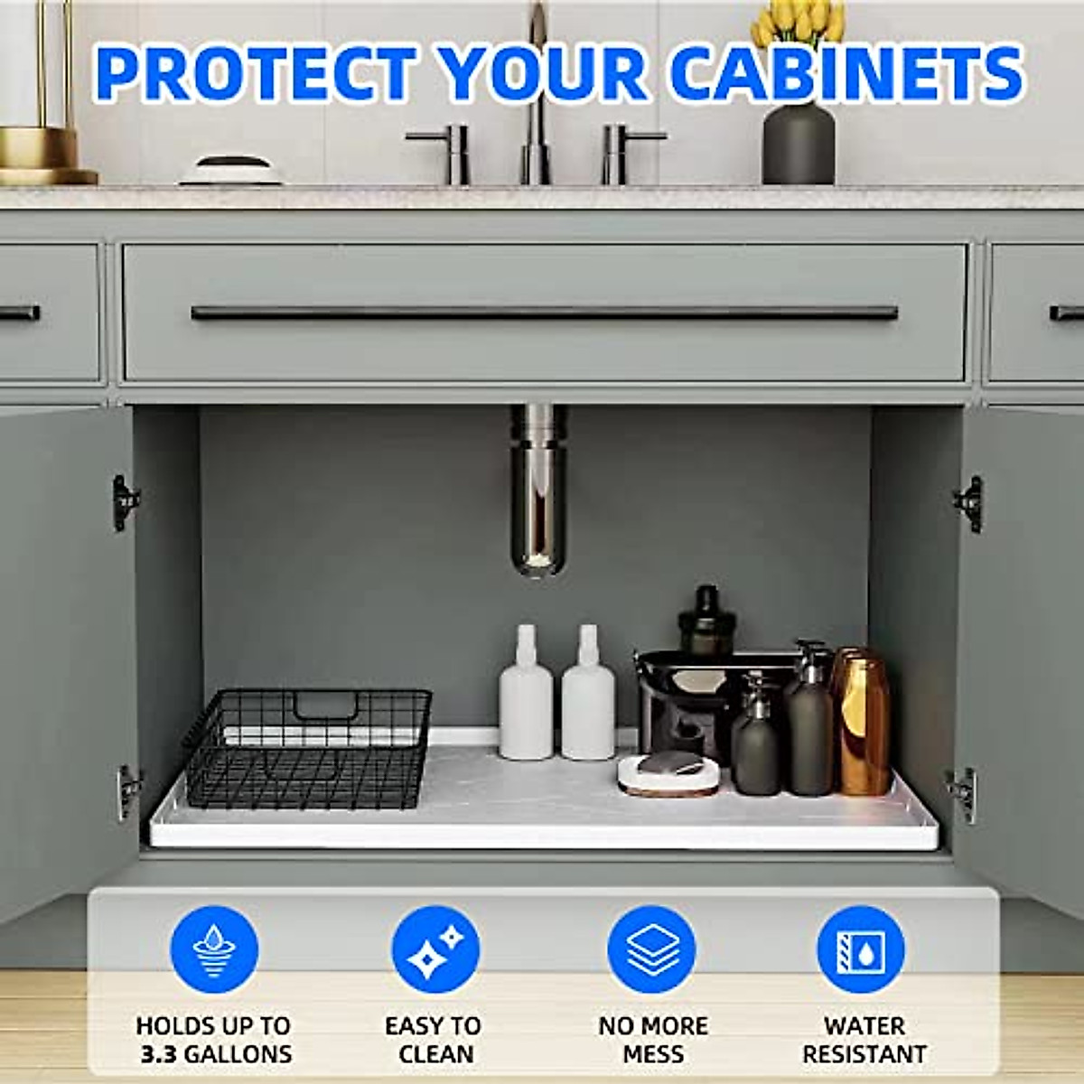 LIMNUO Under Sink Mat for Kitchen Waterproof, 34" x 22" Silicone Under Sink Mat Line for Kitchen and Bathroom,Hold up to 3.3 Gallons Liquid