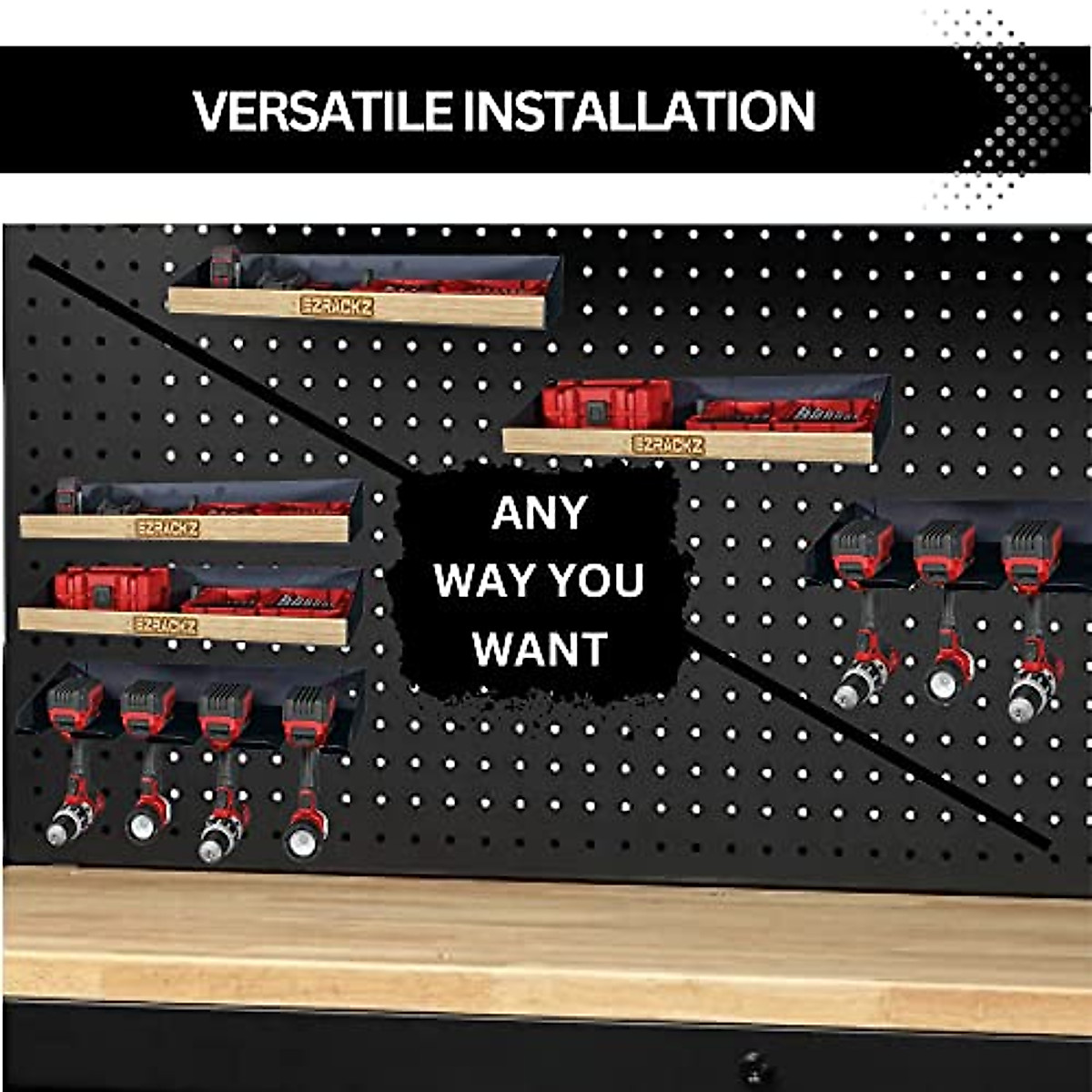 Ezrackz Power Tool Organizer Wall Mount, Cordless Tool Organizer, 3 Heavy Duty Drill Holder Wall Mount Shelves, Power Tool Storage Rack, 150lb Cap, Garage Shed Organization Battery & Charger Shelf