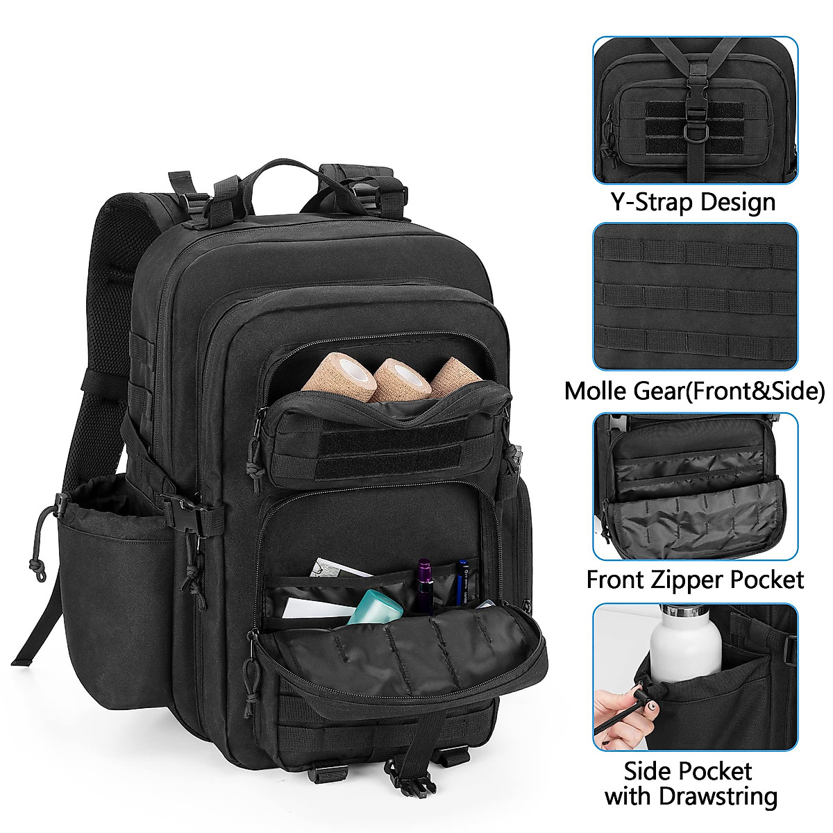 Damero Medical Tactical Backpack, Medical Supplies Bag First Aid Rucksack with Top Y-Strap for Hiking, Trekking Hunting Camping, Black (Bag Only)