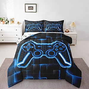 Feelyou Kids Gamer Comforter Set Twin Size Blue and Black Bedding Set for Boys Teens Decor Honeycomb Gaming Ombre Comforter Geometric Square Duvet Set 2Pcs