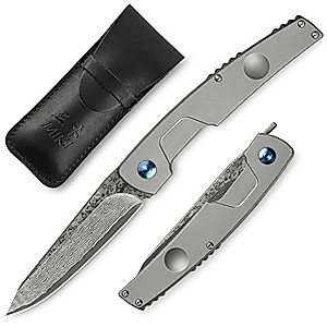 Miki Camping Pocket Folding Japanese Knife, Titanium Handle, Frame Lock, Handmade Damascus Steel Blade, Leather Sheath
