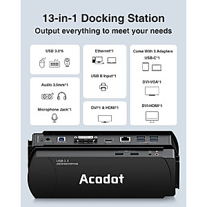 USB 3.0 Universal Docking Station, Acodot 13 in 1 Laptop Docking Station Dual Monitor for Windows and Mac, USB C Docking Station with HDMI, VGA, DVI, 6X USB 3.0, Gigabit Ethernet, Audio