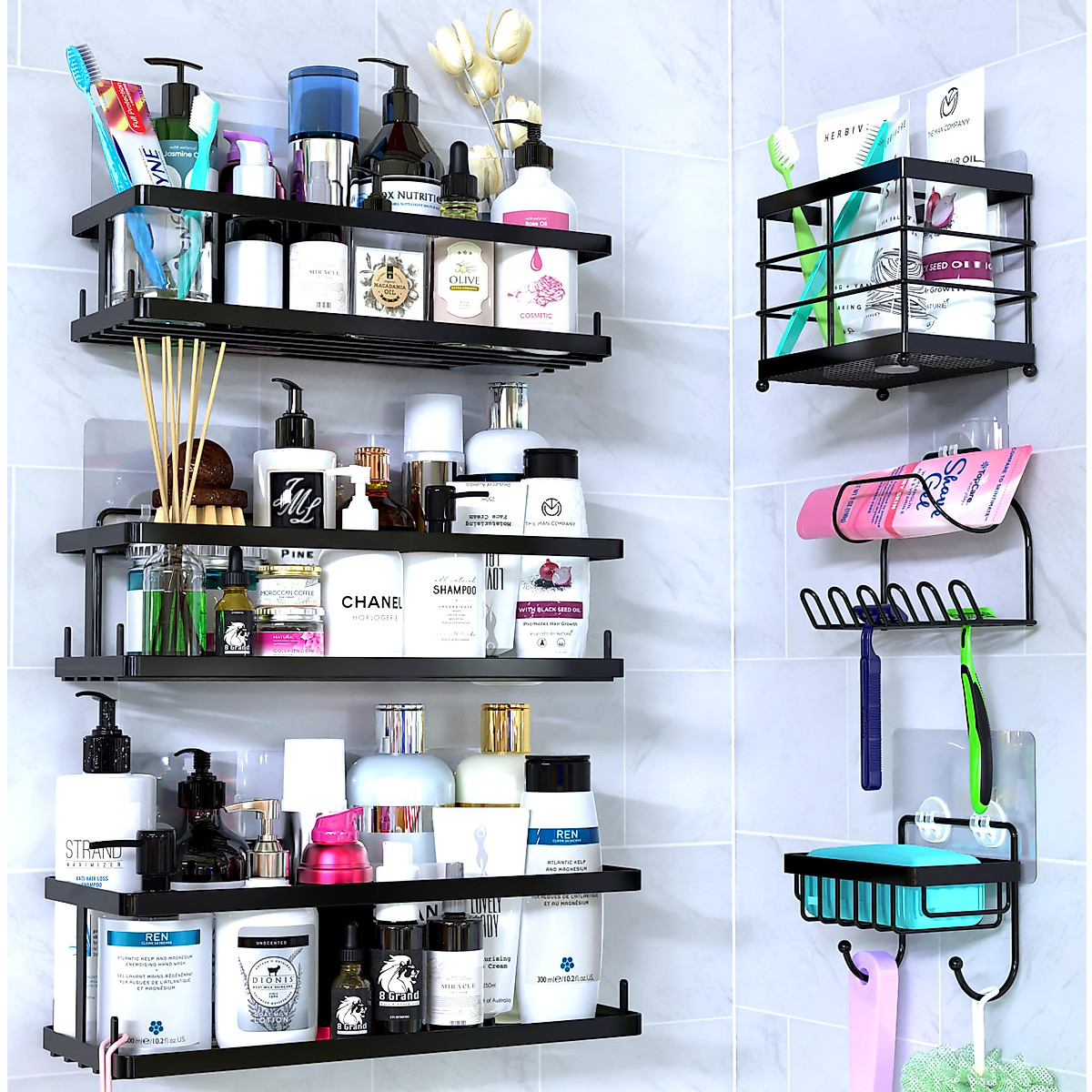 Comelyjewel 6 Pack Bathroom Adhesive Shower Shelves for Tile Wall Toiletry Kitchen Organizer and Large Capacity Bathtub Essentials Wall Rack Suction Shower Caddy for Inside Shower Storage