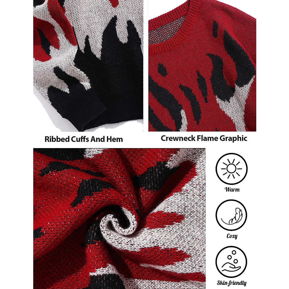 ZAFUL Men's Long-Sleeve Flame Graphic Y2K Aesthetic Crewneck Sweater Oversized Knit Jumper Pullover Wine Red XL