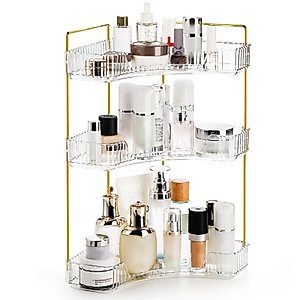 Cididu 3 Tiers Bathroom Counter Organizer, Clear Corner Shelf Storage Rack, Cosmetic Perfume Standing Holder with Gold Metal Pole, Skincare Sink Organizer for Vanity Countertop