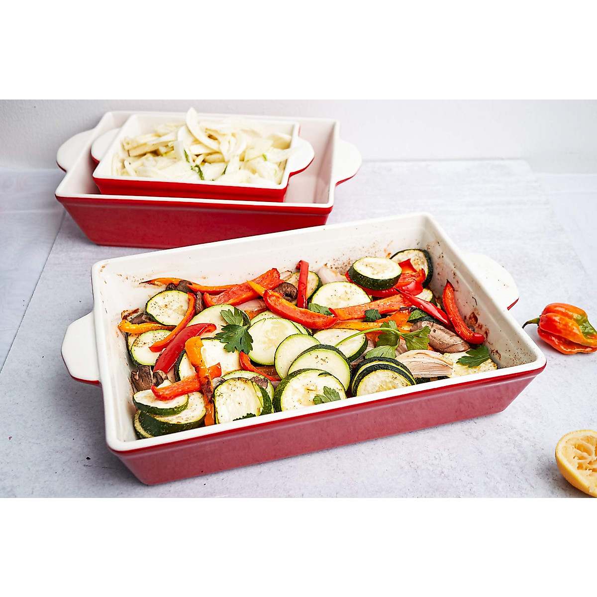 Kook Casserole Dishes for Oven, Ceramic Bakeware Set, Rectangular Baking Dishes, For Casseroles, Lasagna, Cake, Small, Medium & Large Pans, Microwave & Dishwasher Safe, Set of 3 (Cherry)