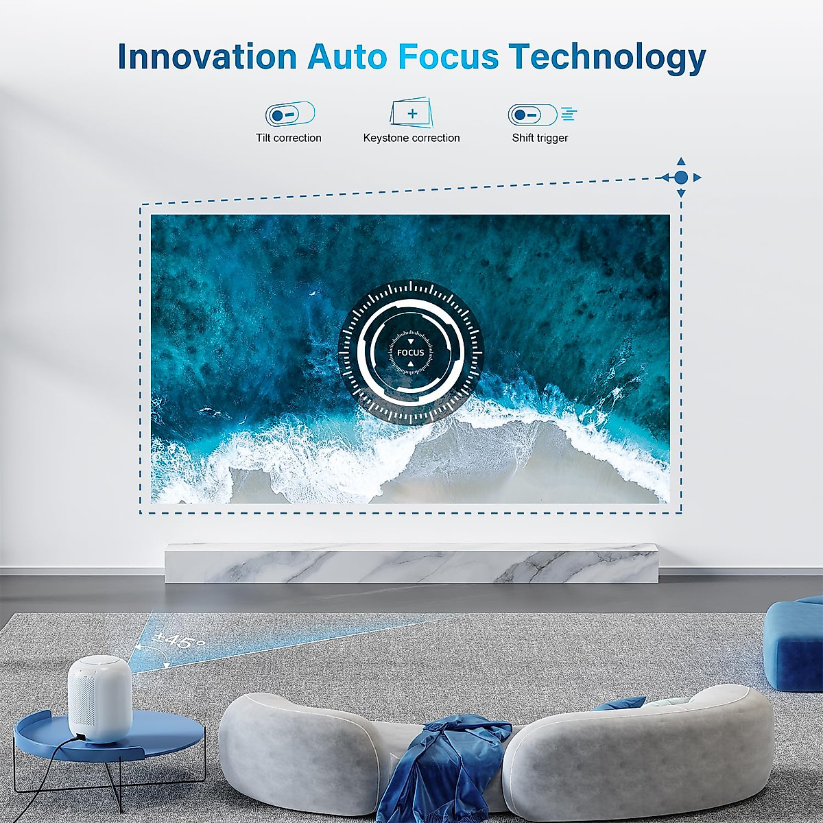 [Auto Focus/Keystone]Portable Mini Projector with 5G wifi 6 and bluetooth, 4K Native 1080P Outdoor Movie Projector,Smart Home Projector Compatible with iOS/Android/HDMI/USB