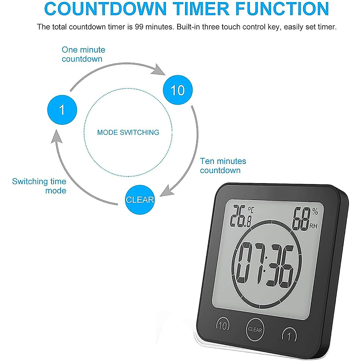 Shower Clock Waterproof Wall Clock Bathroom Clock Sunsbell Shower Cock Digital Temperature Humidity Display with Suction Cup, Touch Screen Timer for Kitchen Bathroom