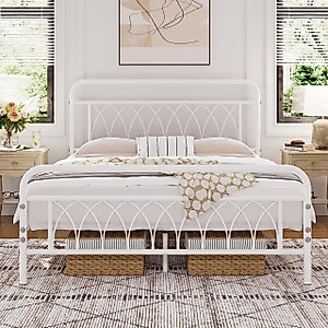 Yaheetech Queen Bed Frame Metal Platform Bed with Petal Accented Headboard/Footboard/14.4 Inch Under Bed Storage/No Box Spring Needed, White