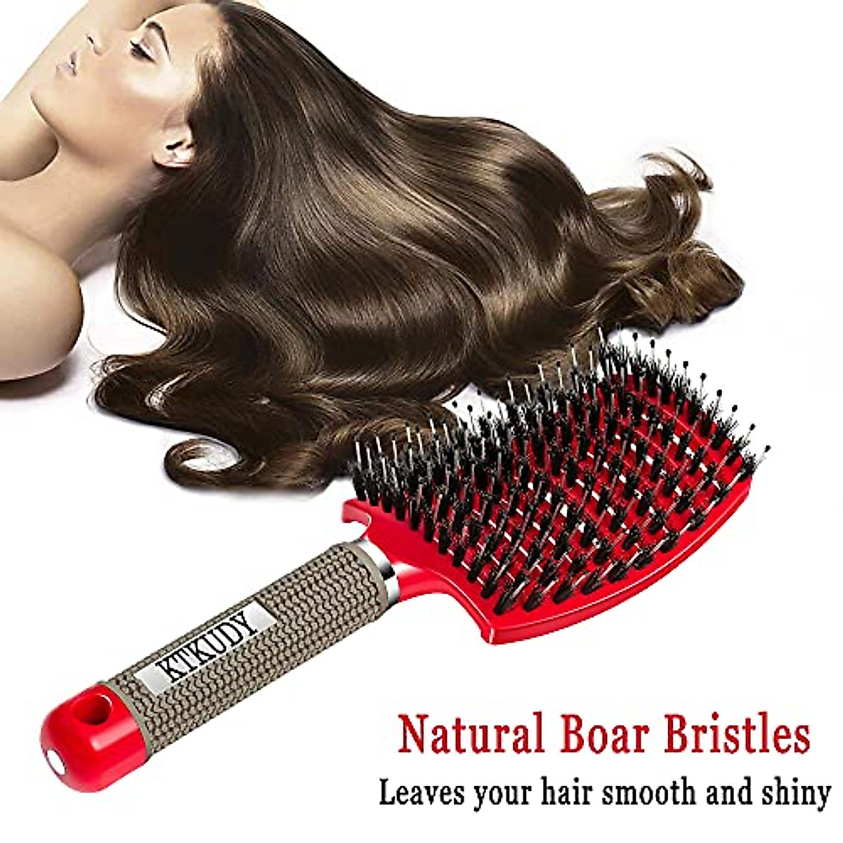 Detangling Brush Boar Bristles Set KTKUDY Hair Brush Curved and Vented Detangler Brush for Women Men Kids Wet and Dry Hair (Red&White)