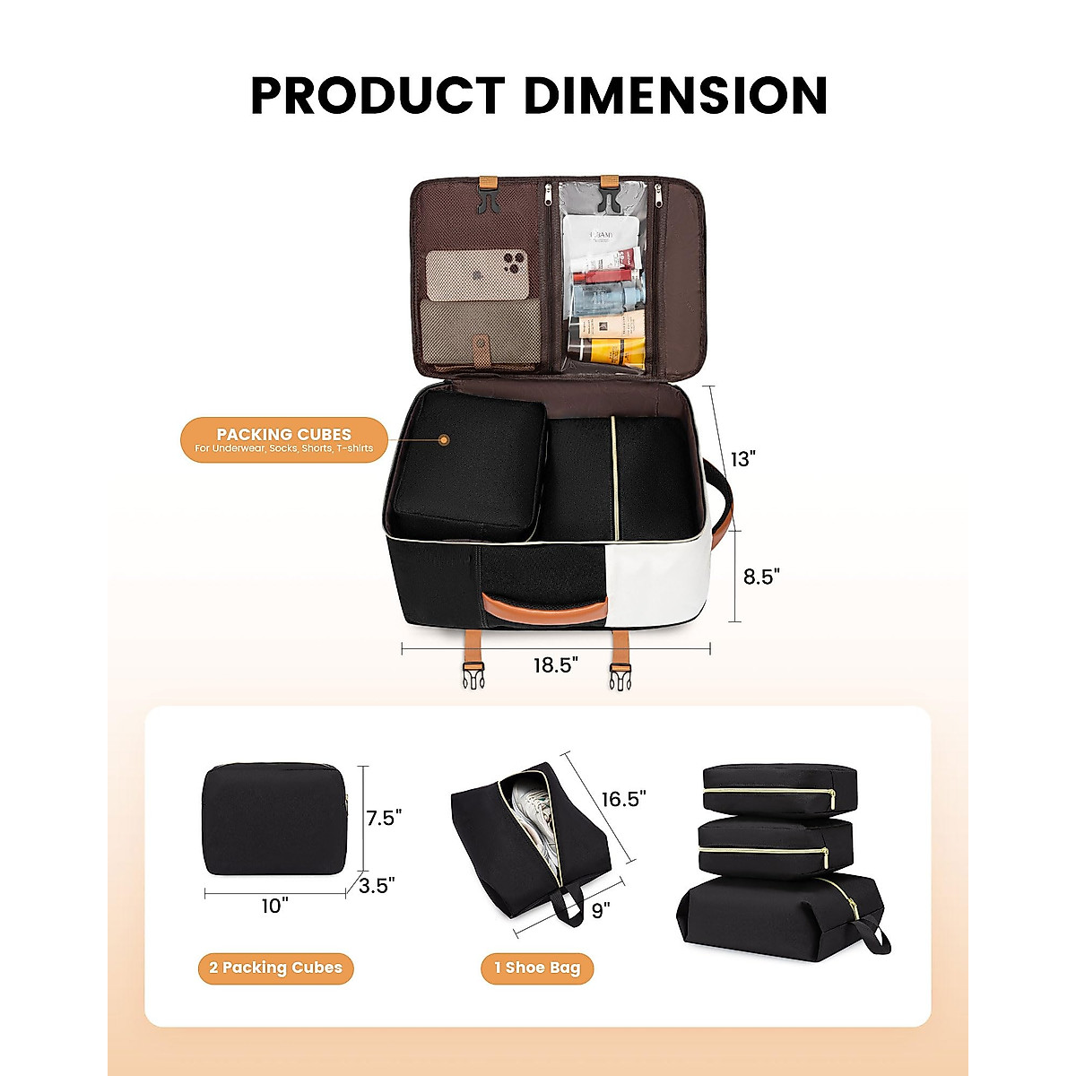 LOVEVOOK Travel Backpack for Women, TSA Carry On Backpack Flight Approved Luggage, 40L Water Resistant Personal Item Daypack Large Weekender Bag fit 17 inch Laptop with 3 Cubes, Beige-black-brown