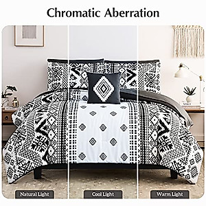 CASAAGUSTO Queen Comforter Set, 8 Pieces Boho Comforter Set, Microfiber Cozy Bohomian Bedding Set with Decor Pillow, Lightweight Breathable for All Seasons (Black and White Queen 90x90 Inches)