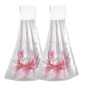 Boccsty Lotus Flower Hanging Kitchen Towels 2 Pieces Glitter Floral Dish Cloth Tie Towels Hand Towel Tea Bar Towels for Bathroom Farmhous Housewarming Tabletop Home Decor