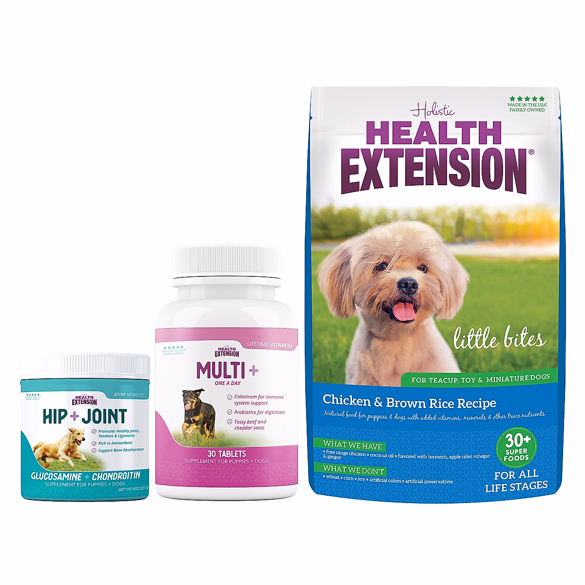 Health Extension Dog Health and Nutrition Bundle - Multivitamin (30 Tablets), Little Bites Dry Dog Food Chicken & Brown Rice Recipe (4 Lbs), Joint & Hip Supplement Cheese Flavored Powder (16oz)