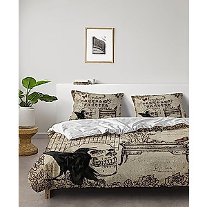 Halloween Black Crow Skull Duvet Cover Sets 4 Piece Full Ultra Soft Bed Quilt Cover Set for Kids/Teens/Women/Men,Vintage Flowers Buffalo Back Bedding Collection All Season Use