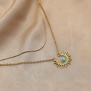 UniLogue Titanium Steel Gold Link Chain Necklace, Sun with Turquoise Pendant Female Necklace Jewelry Gift for Women (Layered Chain Sun with Turquoise Pendant)