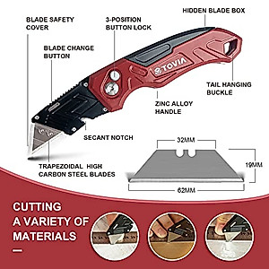 T TOVIA Folding Utility Knife Quick Change Box Cutter, 3-Position Retractable Blades, Blade Storage Design with Extra 3 Blades, Box Knife for Cartons, Cardboard and Boxes