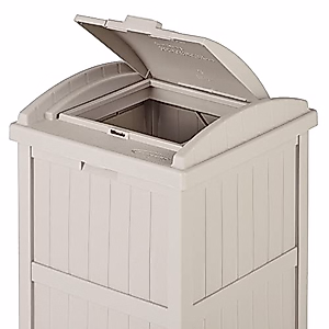 Suncast 33 Gallon Hideaway Trash Can for Patio - Resin Outdoor Trash with Lid - Use in Backyard, Deck, or Patio - Taupe