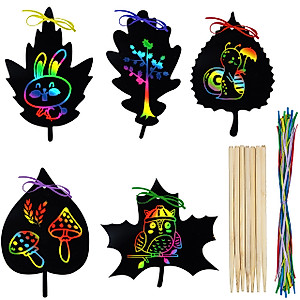 50 Pcs Scratch Art for Kids Fall Leaves, Fall Crafts for Kids Rainbow Scratch Paper for DIY Craft Autumn Decoration DIY Crafts Halloween Thanksgiving Gift