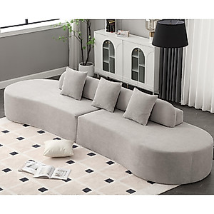 VnndeNest 130" Modular Sectional Sofa，Terrycloth Fabric Modern Minimalist Sofa, Comfy Upholstered Curved Sofa with 3 Pillows, Luxury 4 Seater Couch for Living Room, Apartment, Free Installation，Grey