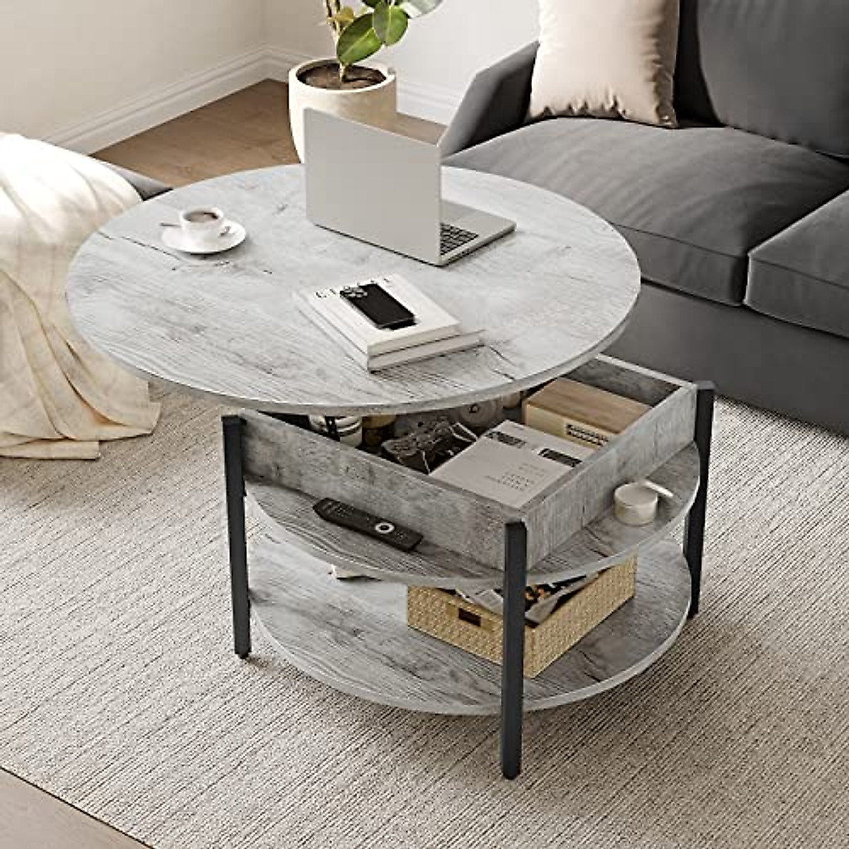 FABATO Round Lift Top Coffee Table, 33.45’’ Circle Coffee Table with Storage for Living Room Reception Room, Farmhouse 2 Tier Large Round Dining Table, Wood