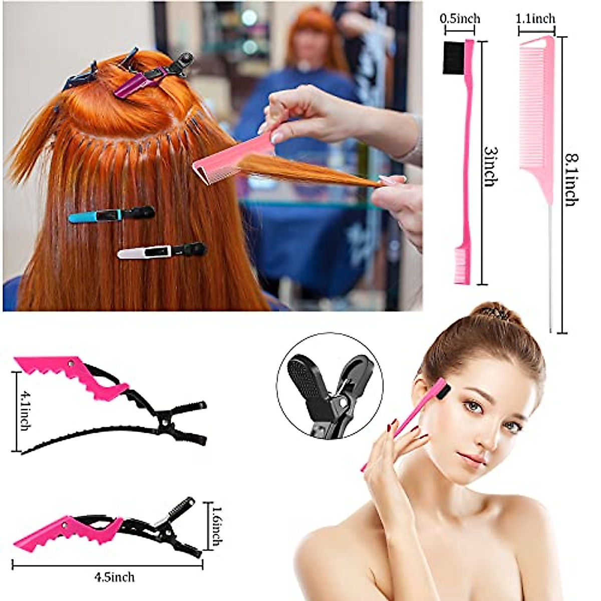 12 Pieces Rat Tail Combs Hair Clips Set,3 Rat Tail Combs 7 Alligator Hair Clips Pin Rat Tail Teasing Parting Combs and Mini Rubber Bands,Hair Styling Braiding Comb for Women Girls (Delicate Color)