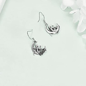 Fairy Earrings 925 Sterling Silver Elf Fairy on Moon Dangle Drop Earrings Jewelry Gifts for Women