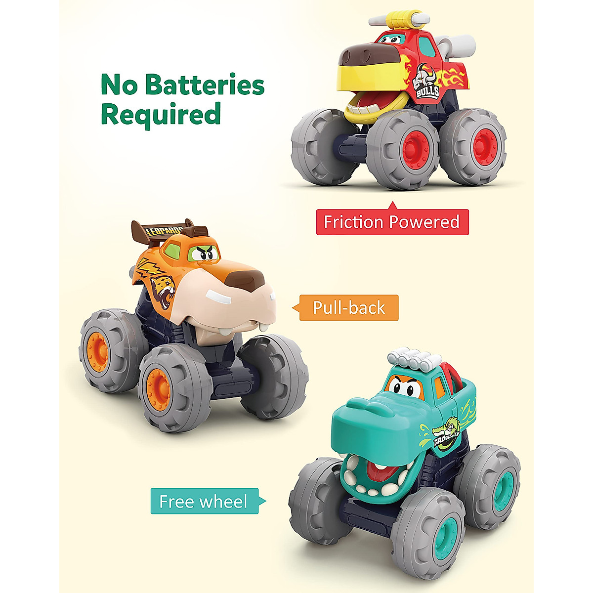 Coogam Friction Powered Cars 3PCS, Push and Go Construction Monster Vehicle Animal Trucks Toy Set, Gift for Birthday Baby Shower Xmas Year Old Toddler Girls Boys