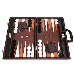 16-inch Premium Backgammon Set - Dark Brown Board, White and Orange Points