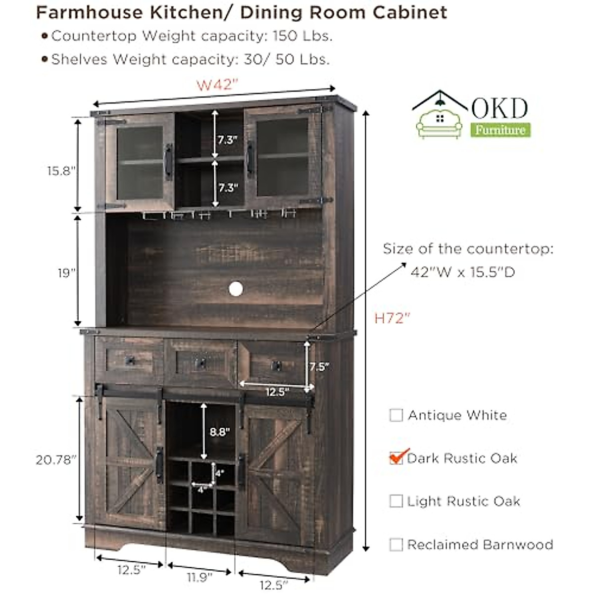 OKD Farmhouse Bar Cabinet with Sliding Barn Door, 72" Rustic Buffet with Hutch with Wine and Glasses Rack, 3 Drawers, Storage Shelves, Sideboard Cupboard for Kitchen, Dining Room, Dark Rustic Oak