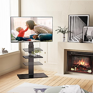 FITUEYES Swivel Floor TV Stand with Mount for TVs 37 43 50 55 60 65 70 75 Inch LCD LED Flat/Curved Screens Universal Swivel Televisions TV Mount Stand for Bedroom Living Room Black Tempered Glass Base
