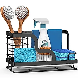 BSKSSK Sink Caddy, Kitchen Sink Organizer Sponge Holder, Dish Soap Scrubber Holder with Removable Drain Pan, Sink Brush Holder Kitchen Sink Stainless Steel for Sponge, Soap, Dishcloth, Scrubber-Black