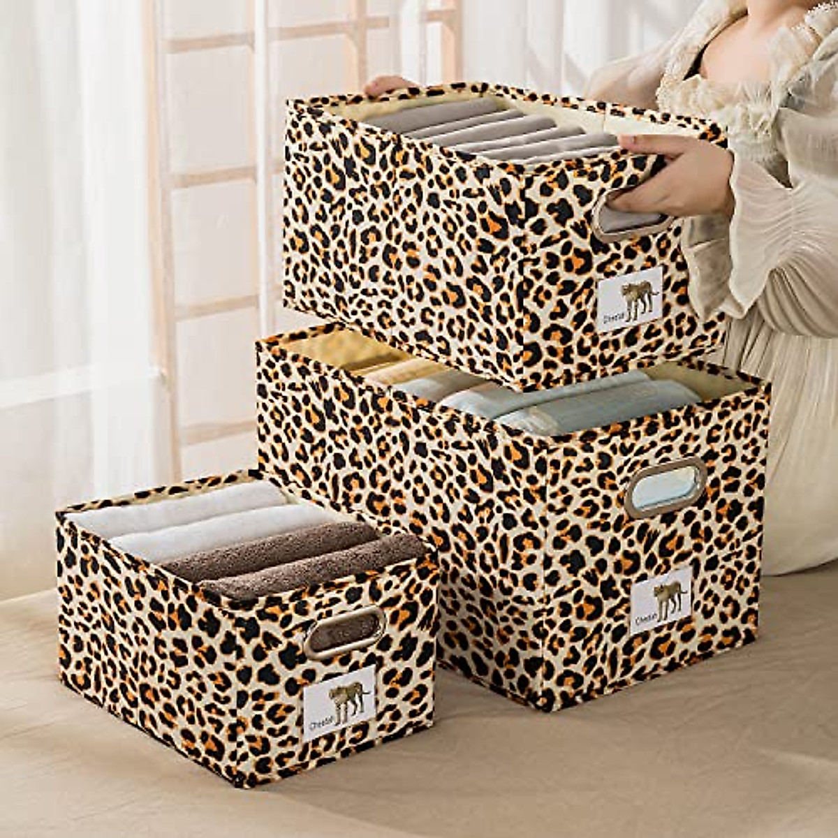 PRANDOM Collapsible Storage Baskets for Closet [3-pack] Decorative Linen Fabric Storage Bins Cubes with Metal Handles for Shelves Bedroom Living Room Leopard print (11.5x8.5x6.7 Inch)