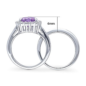 BERRICLE Sterling Silver Halo Wedding Engagement Rings Purple Heart Shaped Cubic Zirconia CZ Heart Ring Set for Women, Rhodium Plated Size 7