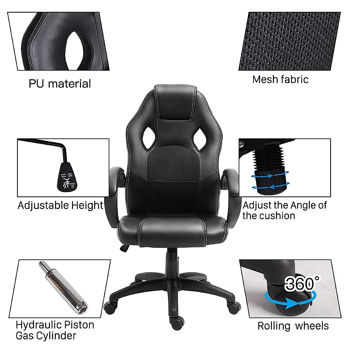 Polar Aurora Office Chair PU Leather Racing Style Computer Gaming Chairs Adjustable Swivel Desk Chair Black