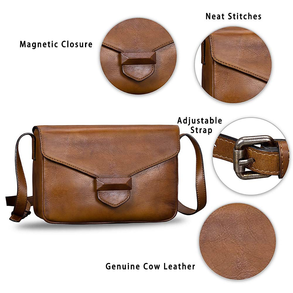 Genuine Leather Crossbody Bags for Women Handmade Ladies Satchel Vintage Purses Handbag Brown