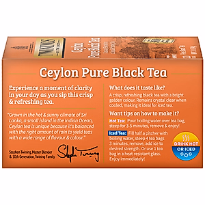 Twinings Ceylon Pure Black Tea - A Crisp, Refreshing Black Tea, Formerly Orange Pekoe, Caffeinated Tea Bags, Individually Wrapped, 20 Count (Pack of 2)