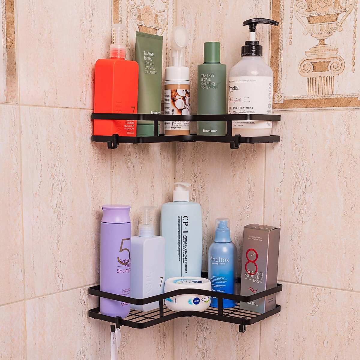 Generic Corner Shower Caddy Adhesive 2-Pack - Black Shower Organizer with Hooks | No-Drill, Rustproof Storage Baskets for Bathroom, Apartment, and Dorm