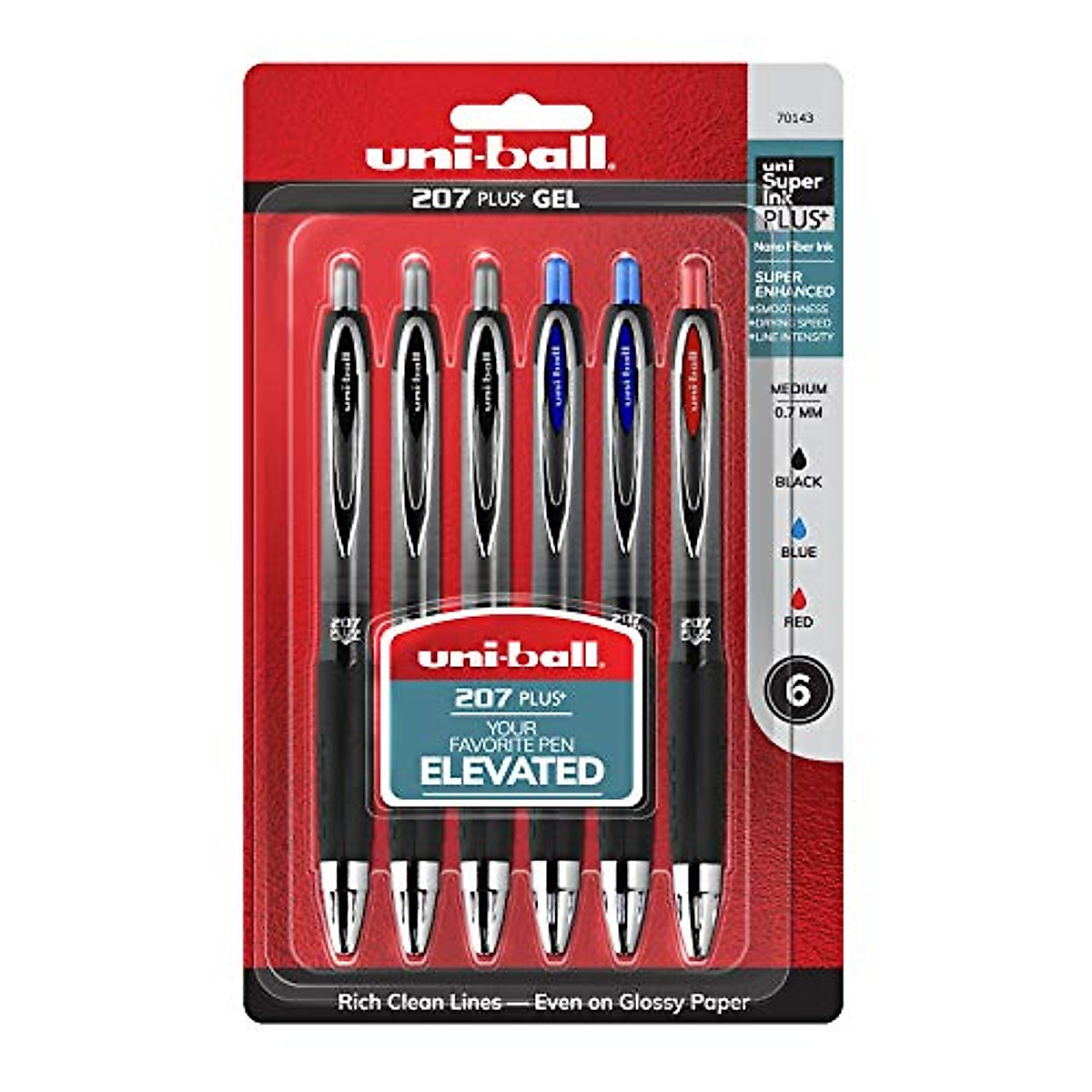 uni-ball 207 Plus+ Gel Pens, Medium (0.7mm), Assorted Ink, 6 Count