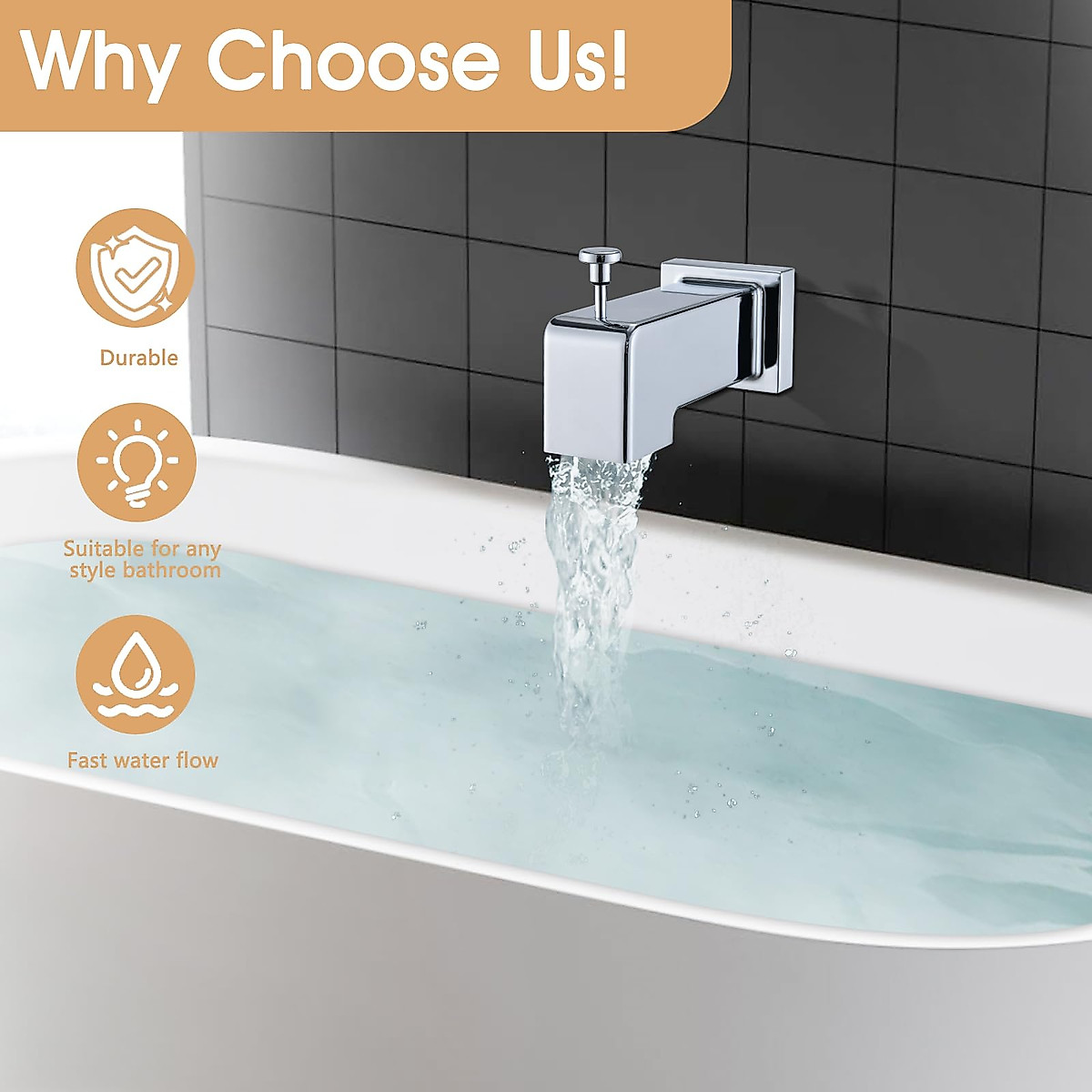 YASINU Slide-On Diverter Tub Spout - Sleek Square Design for Bathroom, Fits 1/2" Copper Pipe (5/8" OD), Child-Safe Rounded Edges, Easy Installation, Chrome