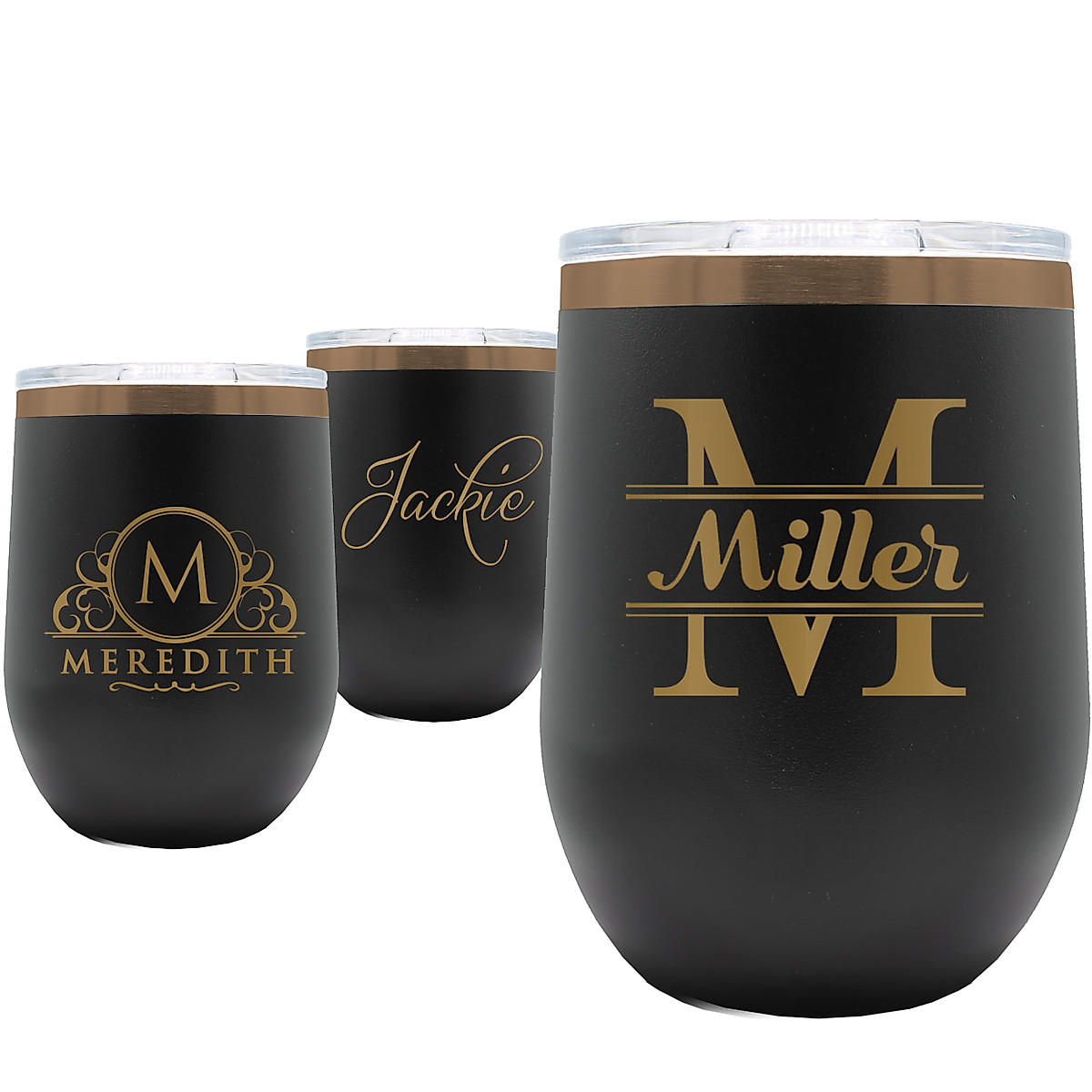 Personalized 12 oz Insulated Stemless Wine Tumbler - Custom Engraved and Monogrammed (Black with Gold)
