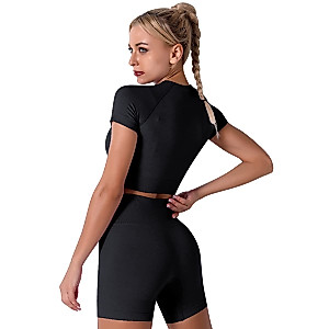 Black Workout Sets for Women: 3 Piece Yoga Outfit Tracksuit High Waisted Running Biker Shorts with Strap Sport Bra Shirt Crop Top Exercise Running Clothes Athletic Gym Sets Matching Active Wear Medium