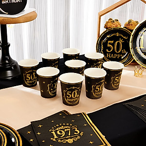 50th Birthday Party Paper Plates Cup Napkins - 96PCS Disposable Plates Cups Paper Napkins Women Men 50 Years Old Birthday Retirement Party Balck Gold Tableware Serves 24 Guests, 9” Plates, 7” Plates