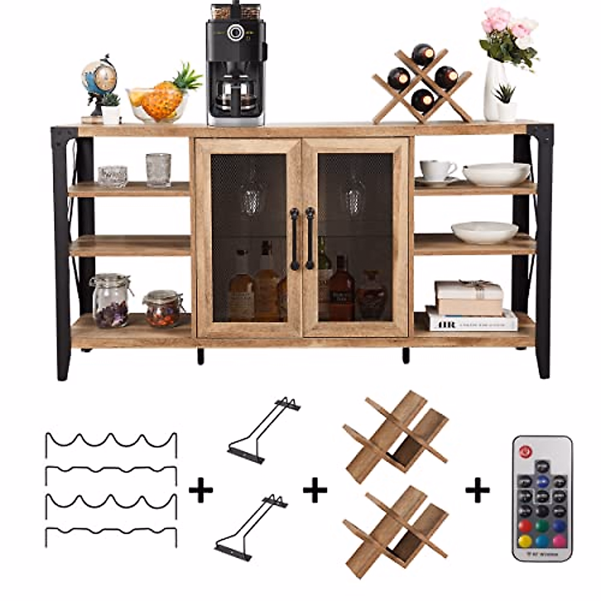 Vabches Wine Bar Cabinet for Liquor and Glasses, Farmhouse Coffee Cabinet, Home Living Room Dining Room, Sideboard Buffet with Storage Kitchen, 58 in(L) (Rustic Oak)