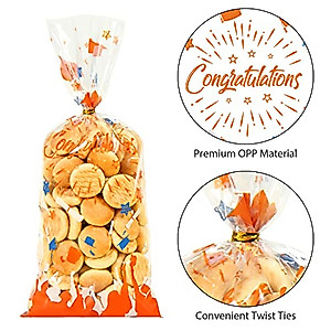 100Pcs Graduation Party Decorations Cellophane Bags - Graduation Gifts Cellophane Treat Bags with Ties, 11"x5" Graduation Decor Clear Cellophane Bags for Graduation Party Decorations Supplies (Orange)