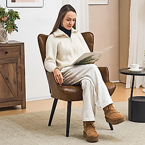Furniliving PU Leather Accent Chair for Living Room, Upholstered Reading Chair with High Backrest, Tufted-Button Wingback Armchair for Bedroom, Dressing Room, Home Office, Brown