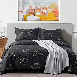 NTBAY Microfiber Queen Duvet Cover Set, 3 Pieces Ultra Soft Constellation Printed Comforter Cover Set with Zipper Closure and Corner Ties, Black
