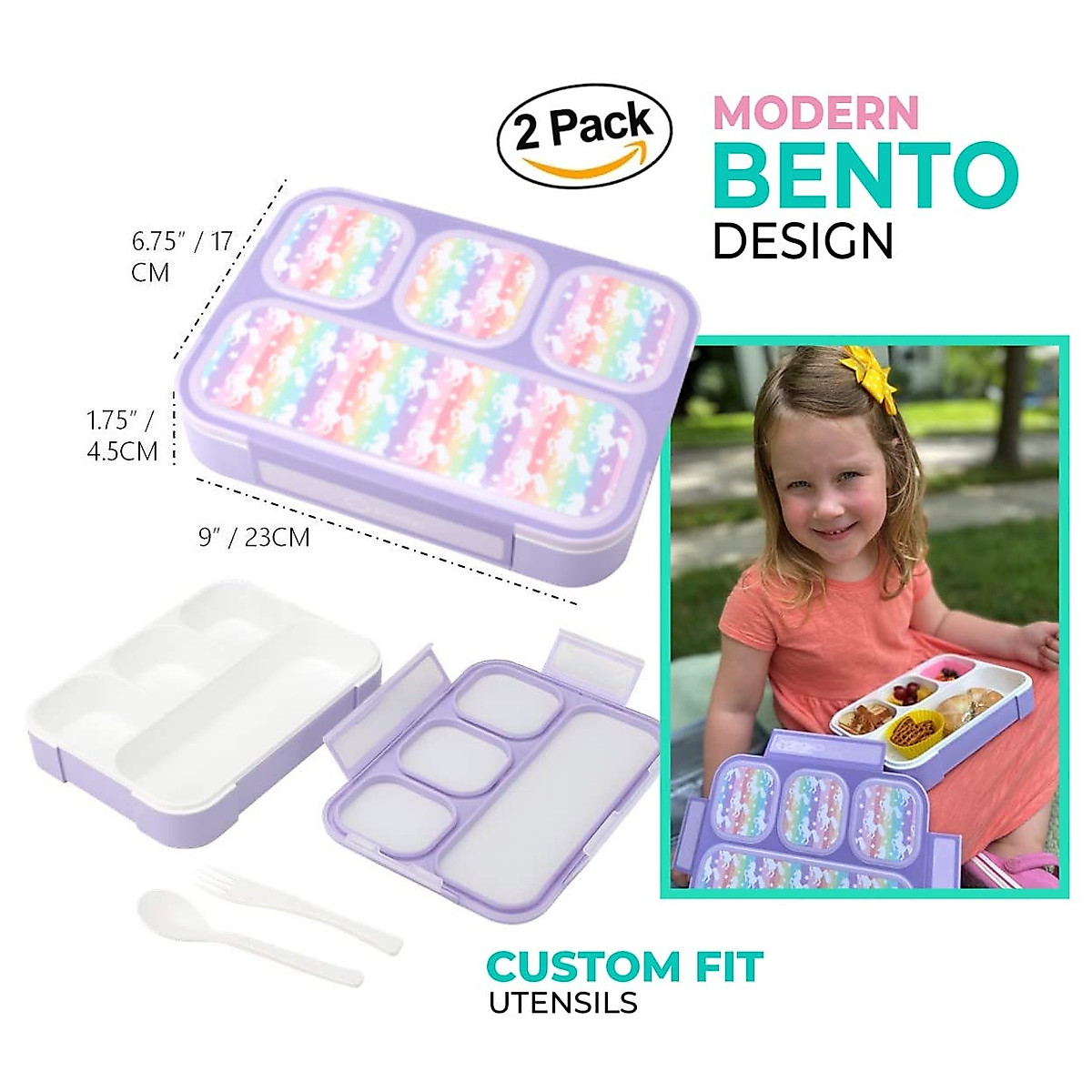 kinsho Unicorn Lunch Boxes for Girls, 4 Compartment Bento-Box Lunch-Box for Kids, Toddlers School Daycare Travel Snack Containers, Utensils, Rainbow Unicorns 2 PACK Set