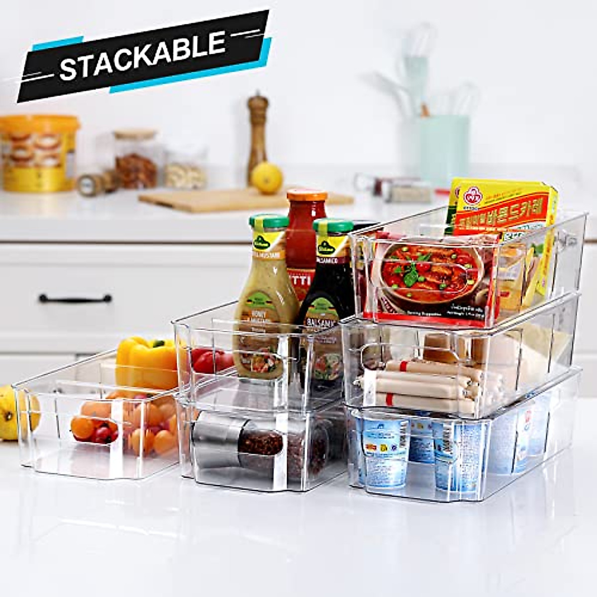 [ 4 Pack ] 12 Inch Non-Skid Turntable Lazy Susan Organizers + 8 Pack, Stackable Clear Bins with Removable Dividers - Plastic Refrigerator Organizer Bins - Food Snack, Pantry Organization and Storage