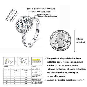 JIANGYUE 3 Carat Round CZ Big Stone Solitaire White Gold Plated Engagement Wedding Rings for Love for Women, Halo Style Shining Classical Ladies Mother's Day Jewelry Size 9